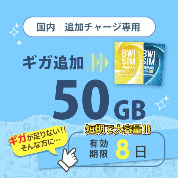お急ぎの方にもおすすめ！16時までの決済で当日(休業日を除く)リチャージ！弊社からご購入の黄色と青のパッケージ【docomoMVNO回線物理SIM】専用のデータリチャージ！【日本国内　50GB/8日　データパッケージ】※延長期間が短いため、...