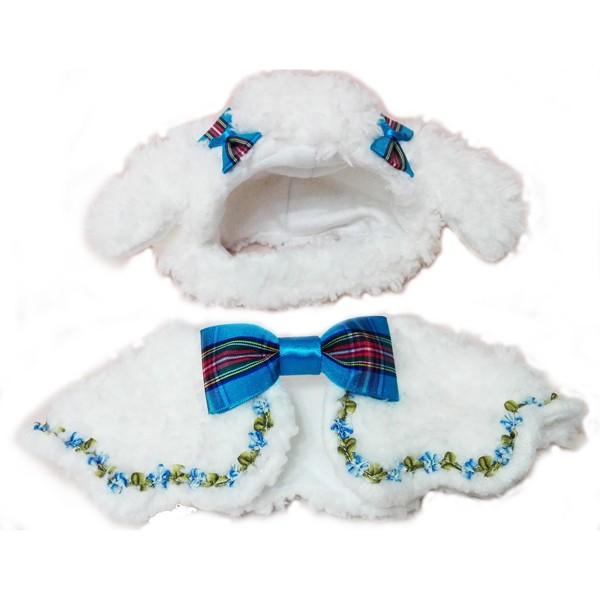 猫ちゃんが着用すると「犬」に変身できるコスプレ衣装です。　犬種はプードルをイメージしています。　プードルボアで製造された帽子とティペットのセット商品です。　ボアカラーはホワイトで、リボンはブルーです。　首回りは、２４ｃｍ〜２９ｃｍくらいまで...