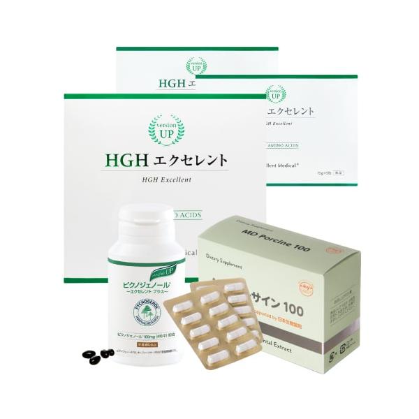 プラセンタ ＆ ピクノジェノール ＆ アミノ酸　サプリ美と健康 贅沢セット【約1ヶ月分】・ピクノジェノールエクセレントプラス：120粒 (1日4粒 ×約1ヶ月分)・HGHエクセレント：15g×30袋・プラセンタ MD ポーサイン100：10...