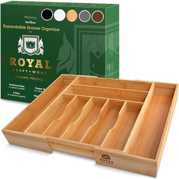 引き出し 仕切り トレー トレイ スライド拡張 サイズ変更 バンブー 竹 ドロワーオーガナイザー カトラリー ホルダー Royal Craft Wood Bamboo Kitchen Drawer Organizer - Expandabl...