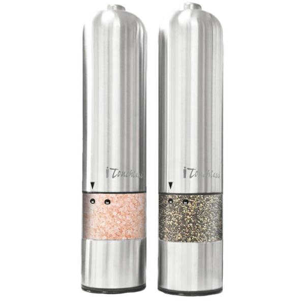塩コショウ入れ 電池式 電動ソルト＆ペッパーセット ライト付き ステンレス レストラン カフェ iTouchless Automatic Electric Salt and Pepper Grinder Set Stainless Stee...