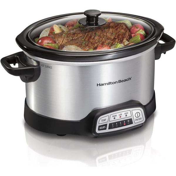 スロークッカー ハミルトンビーチ 3.8L タイマー グルメ鍋 Hamilton Beach 4-Quart Programmable Slow Cooker With Dishwasher-Safe Crock and Lid, Silv...