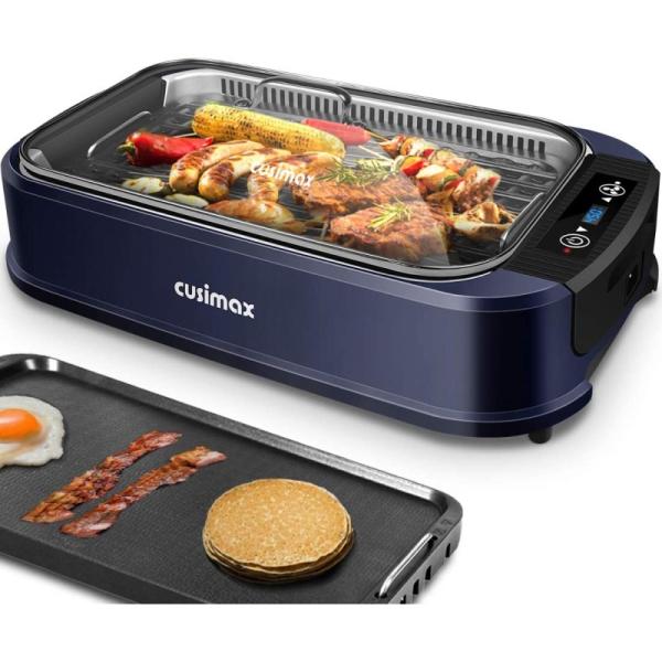 スモークレス電気グリル 食洗器可 ガラスふた プレート取り外し 屋内BBQ Indoor Grill Electric Grill Griddle CUSIMAX Smokeless Grill,Tempered Glass Lid,150...