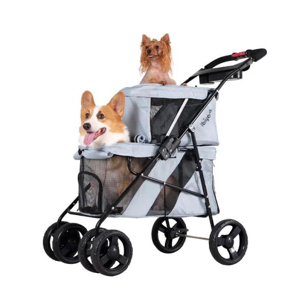 ペット用カート キャリー ドッグ キャット 犬 猫 ibiyaya Double Decker Pet Bus, 4-Wheel Foldable, Double Dog-Cat Stroller