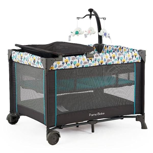 折りたたみ プレイヤード マットレス バシネット おもちゃ キャスター付 子供 赤ちゃん Portable Crib for Baby, Portable Baby Playpen with Detachable Bassinet and ...