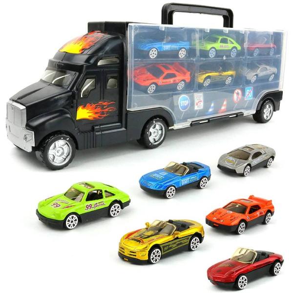 カーキャリアトラック スタイリッシュなメタルレーシングカー6台付き キャリングケース Big Mo's Toys Transport Car Carrier Truck - with 6 Stylish Metal Racing Cars ...
