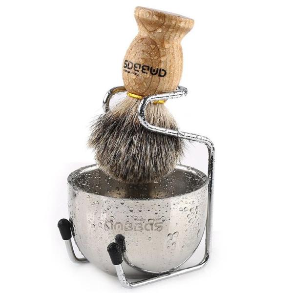 シェービングセット ブラシ ホルダー ボウル ステンレス 髭剃り Shaving Set, 3in1 Pure Badger Hair Shaving Brush Natural Solid Wood Handle and Stainles...