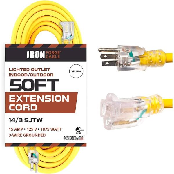 屋外用 延長コード 15m ケーブル 柔軟 耐候 除雪機 電動工具 Iron Forge Outdoor Lighted Extension Cord 50 Ft - 14/3 SJTW Heavy Duty 15 AMP Yellow E...