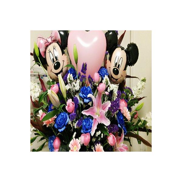 生花のアレンジにミッキーとミニーちゃんの風船がとても可愛らしいです！お店の開店や○○周年祝い、お誕生日、などお祝い事に、会社名、個人名などを入れて贈ってはいかがですか？★ご希望により、追加料金プラス￥５４００円になりますが、２段のスタンド生...