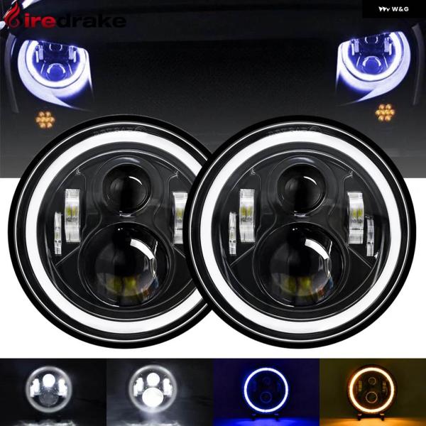 FIREDRAKE 2個 Y1 イエローブルー ラングラー エンジェルアイズ ジープ ヘッドライト 7インチ ラウンド ヘッドライト H4 200W 8000K 3000K 100000LM 24V カスタム パーツ アクセサリーItem ...