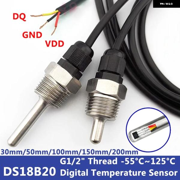 DS18B20 デジタル温度センサー G1/2インチ スレッドプローブ DIA8MM PVC 3 芯ワイヤー SUS304 ステンレス シェル L30-200MM カスタム パーツ アクセサリーBattery Included:NoHigh...