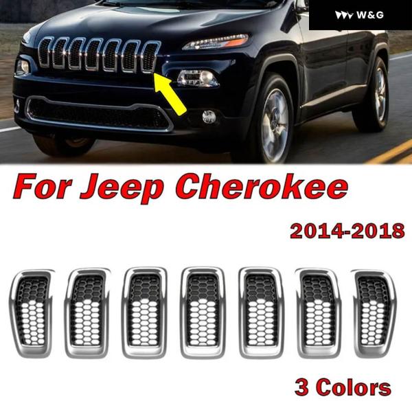 ジープ チェロキー 2014-2018 7PC S カーアクセサリー フロントセンターメッシュ グリル ブラック ラジエーター グリル カバー フレーム ABS トリム 68317863AA カスタムパーツ アクセサリー 交換用部品Hign...