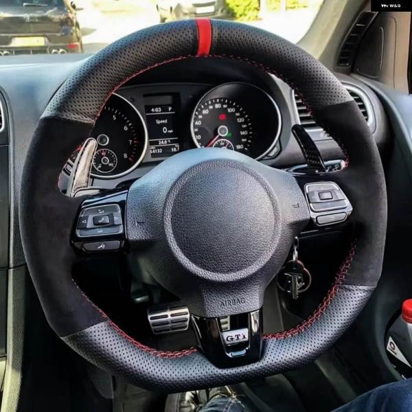 フォルクスワーゲン ゴルフ 6 GTI MK6 ポロGTI シロッコRアバント用 レザー ステアリングホイール カバー ステアリングラップ カスタム パーツ アクセサリーHigh-concerned chemical:NoneSize:25...