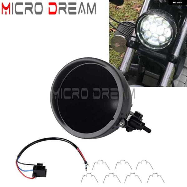 汎用 オートバイ バイク 5.75インチ ラウンドワイヤー ハーネス ヘッドランプ ライトシェル マウント ブラケット ヘッドライト ハウジング バケット バイザー ベゼル 付き カスタム パーツ アクセサリーHign-concerned ...