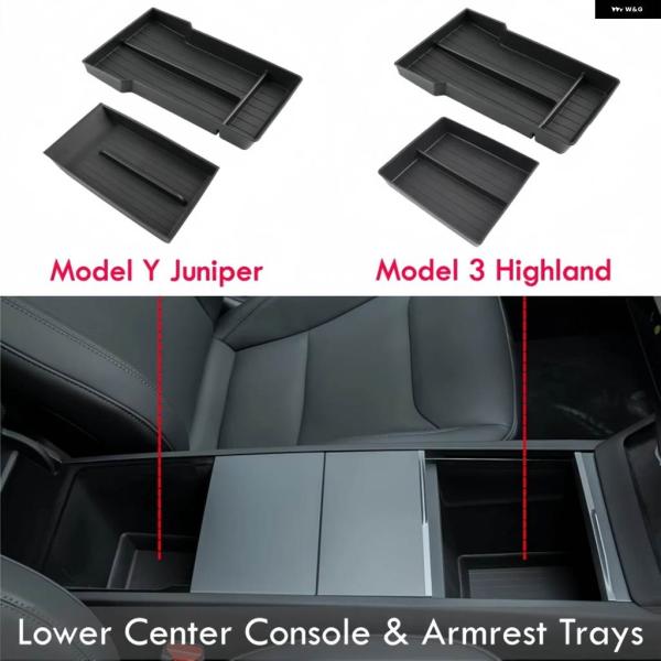 テスラ モデルY ジュニパー モデル3 ハイランド 2025 2026用センター コンソール アンダー アームレスト オーガナイザー トレイ2個 セット インナーストレージ ボックス カスタム パーツ アクセサリーProduct shape...