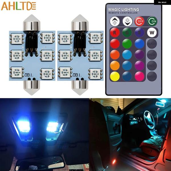 2個 RGB 車用 LED 電球 C5W 5050 6SMD 12V 31-41MM リモコン 室内 装飾 フェストーン ドーム ドア 読書灯 ルーフ トランク ウェッジライト カスタム パーツ アクセサリーHigh-concerned c...