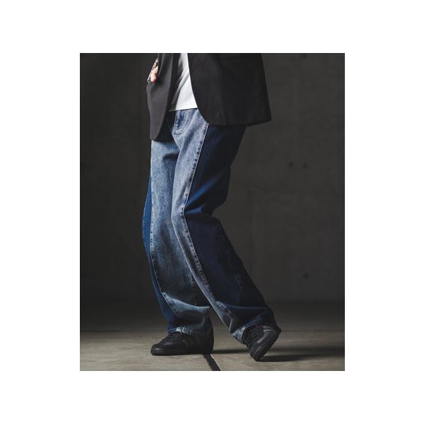 異なる色合いのデニムを巧みに組み合わせたデザインのデニムパンツ。リメイク古着をイメージして作り上げたデザイン。デイリースタイルに取り入れやすいデニムを用いたパンツでありながら、遊び心のあるデザイン性がその日のコーディネートを個性的な雰囲気へ...