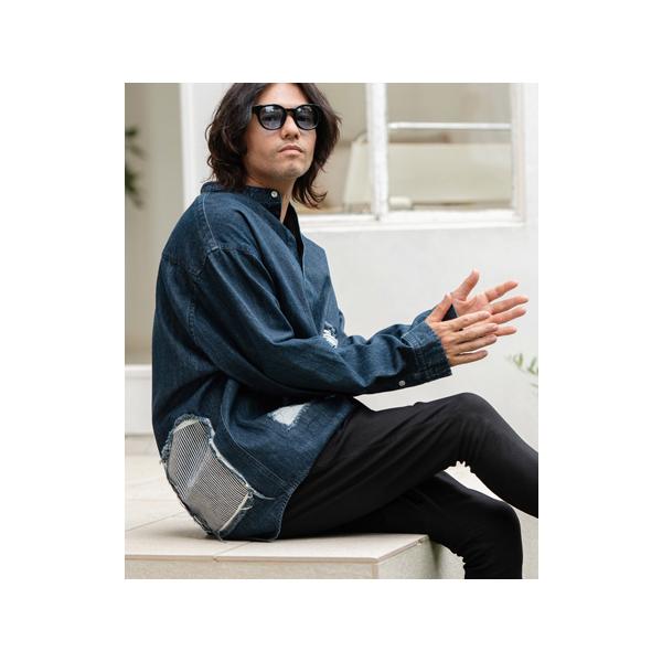 175cmB90-W73-H89靴26.5cmのモデルがMサイズを着用。コットン100％のデニム生地を採用、フロントやバックにダメージ加工を施しヒッコリー生地をバックにはパッチワークするなど異素材デニム生地を使用したインパクトのある1枚※着...