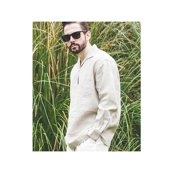 フレンチリネン100%糸をキャンバス織りし、生地洗いで仕上げた素材。フレンチリネンとはリネン生地の中でも最上級といわれる生地。美しい水と気候に育まれたフランス北部で栽培された亜麻が原料。通気性が高く柔らかな肌触り、着込むほど馴染みがよく、や...