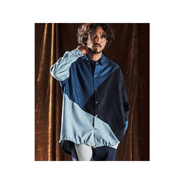デニムの濃淡で魅せる、ブロッキング配色のデザインシャツ。ライトオンスデニムを3色使いでブロッキングした、個性が光るデザインシャツ。春や秋の軽羽織りとして活躍し、コーディネートの主役になる存在感のある一枚です。【デザイン・ディテール】濃淡の異...