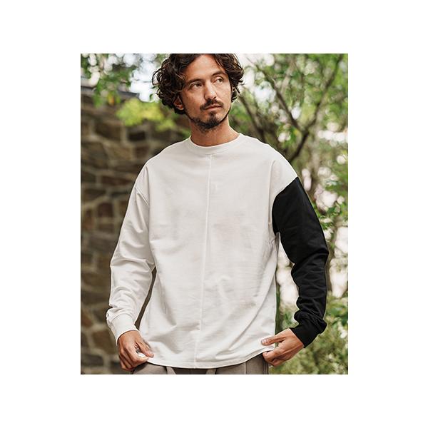 181cmのモデルがMサイズを着用。ミニ裏毛カットソーを使用したロングスリーブプルオーバーです。左袖のみを配色にした個性的なデザインが特徴の1着。ミニ裏毛は裏毛スウェットの中での最も軽量な生地で、生地裏のループ(裏毛)もキメが細かいので、肌...