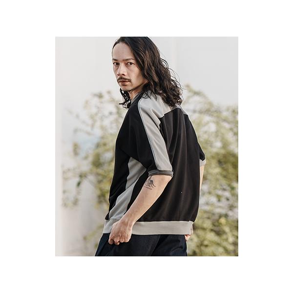 180cmC89-W72-H94靴27.5cmのモデルがMサイズを着用。配色カッティングとドルマンスリーブ仕立ての独特なフォルムが特徴の半袖カットソーです。存在感のある配色カッティングと、たっぷりとした個性的なフォルムを演出するドルマンスリ...