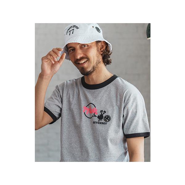 181cmのモデルがMサイズを着用。中厚のレトロなリンガーTシャツ。身頃にシルクプリント、スマイルワッペンをセット。※着用画像と商品単体画像で色が異なる場合がございます。※商品単体画像を実物により近づけております。Sサイズ／着丈:68cm身...