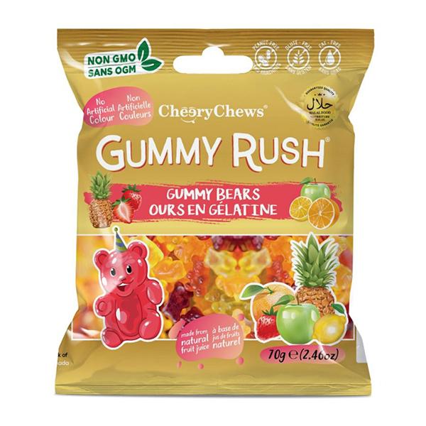 【グミーラッシュ　グミーベア】●みんなが大好きなクマ型のグミ。ストロベリー味、オレンジ味、パイナップル味、レモン味、グリーンアップル味など色彩鮮やかなおいしさをお楽しみいただけます。●原材料：グルコースシロップ、砂糖、ゼラチン、りんご濃縮果...