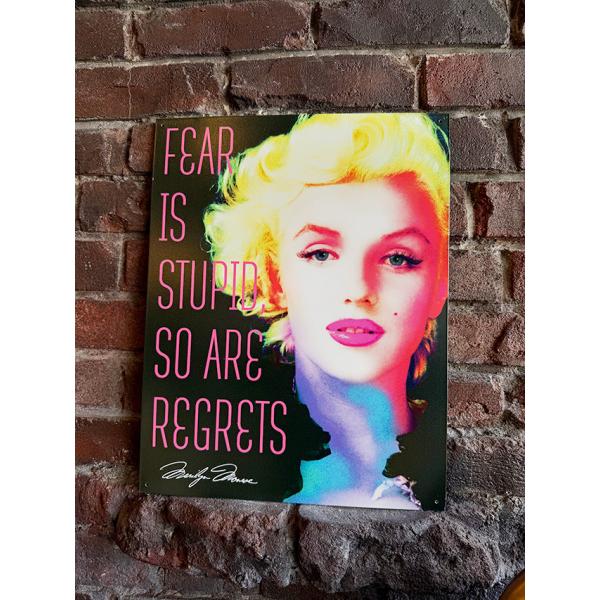 マリリンの言葉が 今日も背中を押してくれる黒×ネオンカラーのコントラストが強烈！どんな部屋でも 飾った瞬間に空気が変わる・・・・これがマリリン・モンローの魔法です。ブリキ看板にプリントされた言葉は、「FEAR IS STUPID, SO A...