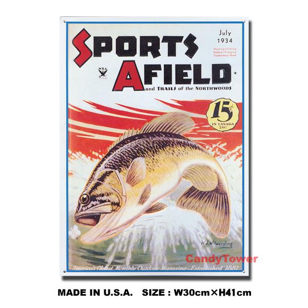 アメリカで1887年から発行されている人気アウトドアマガジン「スポーツアフィールド」の1934年7月号の表紙が、そのまま看板になっています。激流の中を豪快にジャンプして、バタフライに食いつく瞬間が描かれた迫力ある絵です。  サイズ：縦41c...