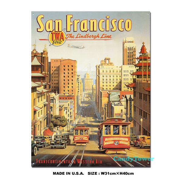 坂道を走るケーブルカーはこの街の名物！ トランスコンチネンタル＆ウエスタンエアーの昔のサンフランシスコを描いたトラベルポスターです。 ここは昔からアメリカ人にも最も人気の高い観光都市なんです。 チャイナタウンを通るアップダウンの激しい坂道の...