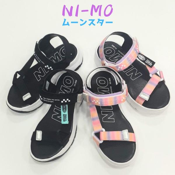 ニーモ ni-mo NM J106 ムーンスターキッズ ジュニアの サンダルです。ムーンスター社 4cm厚底ソールでマジックテープで調整できます。(ウィズ) 2E (素材：アッパー) 綿/合皮 (底材) EVA/ラバー  (原産国) CHI...