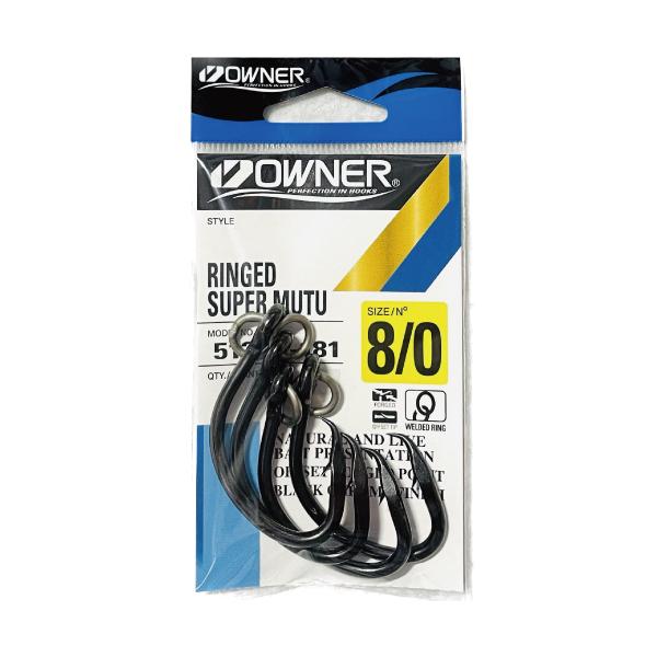 ＜OWNER＞　リングドスーパームツ　8/0号　4本入りスーパームツに溶接リングを装着。リングが鈎本体に掛かる負荷を軽減し強度をアップ。管付き溶接リング先ひねりブラッククローム仕上げNo.11595（5127R-181）----------...