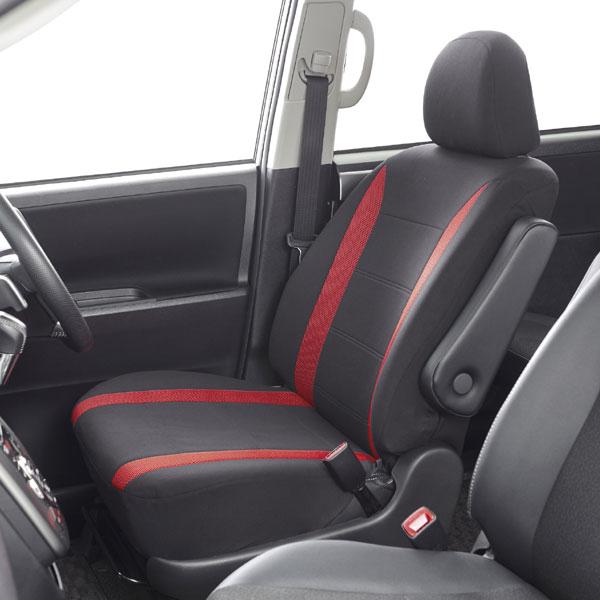 ◆ブラックニット/レッドメッシュ生地コンビのスポーティーなカーシートカバー◆トヨタ/ニッサン/ホンダ/マツダ/スズキ/ダイハツ/スバル/ミツビシ等 軽自動車-普通車にオススメの背裏フルカバータイプ汎用シートカバー◆適合シート形状：バケットシ...