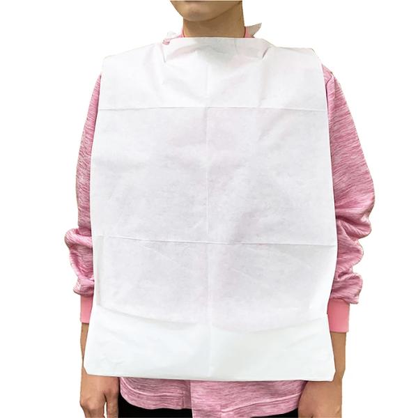 ■品名：ダイニングエプロン（使い切りタイプ）■品番:AZA005■サイズ：横40cm×60cm■JAN:4526802504707　箱（100枚入）■素材表面：パルプ裏面：ポリエチレン・簡単・清潔なポケット付き表面吸収のディスポタイプ。・災...