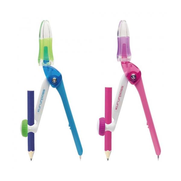 特許技術くるんキャップで、にぎって・くるんと・まわすだけ！超カンタンに円がかける！針部分をカバーしコンパクトに持ち運べる、やわらかシリコンケース付。くるんキャップは取り外せるので、従来通りのコンパスの使用方法でもかける&amp;使わない時は...