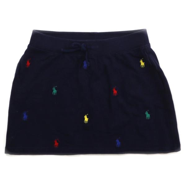 ブランド：POLO RALPH LAUREN(ポロラルフローレン)カテゴリー：スカートサイズ：140サイズ色：紺、総柄状態：★★★記名：なしジャンル：Girl実際のサイズ表記はM（8-10）です。ウエストは総ゴムです。紐も通っています。全体...