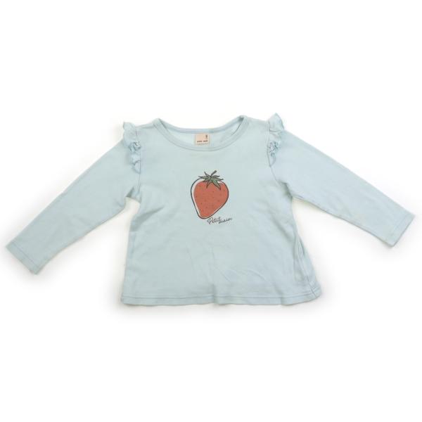 ブランド：petit main(プティマイン)カテゴリー：Tシャツ・カットソーサイズ：100サイズ色：ライトブルー・いちご状態：★★（返品不可）記名：なしジャンル：Girl薄いシミが多数見られ、毛羽立ち・洗いざらし感があります。