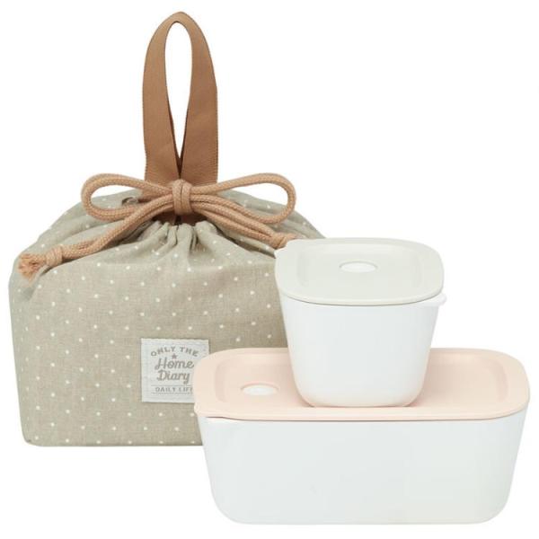 ［商品仕様］お弁当箱にも保存容器にも使える、巾着付きシステムコンテナランチセットです。サイズが違う容器2個と巾着のセットです。【サイズ／容量】　S：約78×94×高さ58mm／約200ml　M：約93×155×高さ58mm／約480ml　巾...