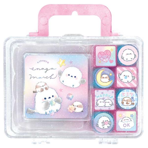 ［商品仕様］【サイズ】 本体：約H56×W70×D38mm パッケージ：約H120×W135×D39mm 【素材】PS、ゴム、EVA、ABS 【重量】約56g 【内容】スタンプ：8柄 各1個/インクパッド：1個/ケース1個 【生産国】中国［...