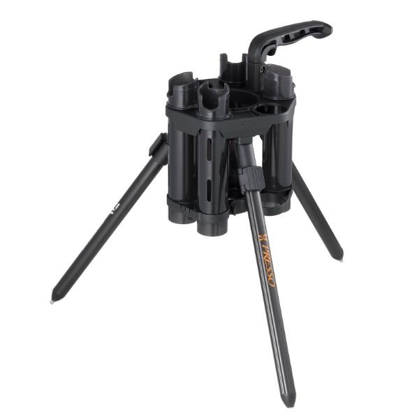 エリアトラウトの必需品、三脚タイプのロッドスタンド。標準でロッド4本、プレッソロッドスタンドαブースターキット（別売り）追加で最大6本まで拡張可能。タックル同士の干渉を極力抑える円形放射状配置。折りたたみ構造のため、コンパクトに収納ができ、...