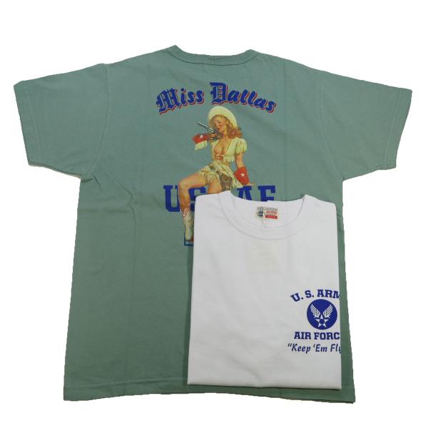 Buzz RicksonsバズリクソンズBR79437GIL ELVGREN MISS DALLASプリント ピンナップガールプリント 半袖Tシャツ101 WHITE 148 SAGEサイズ：M L XL XXL綿100％ アメリカ製(日本...