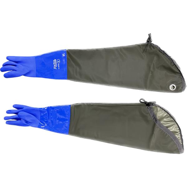 全長97cmの超ロングビニール手袋　肩口まですっぽり覆えて、ドローコードで絞ることができるので腕を水や汚れから防ぐことができる。【素材】手袋：塩化ビニール/綿 　腕カバー：塩化ビニール/ポリエステル【サイズ】M・L・LL【全長】97cm（各...