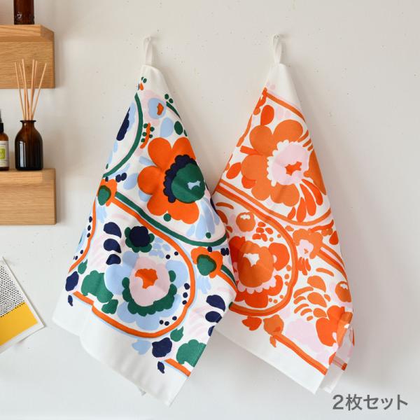 商品名：Karuselli ティータオル 2枚セットブランド：marimekko（マリメッコ）テキスタイルデザイン：脇阪克二サイズ：約 縦 70 cm × 横 43 cm素　材：コットン 57% 麻 43%※ご覧頂く環境により色・素材の見え...