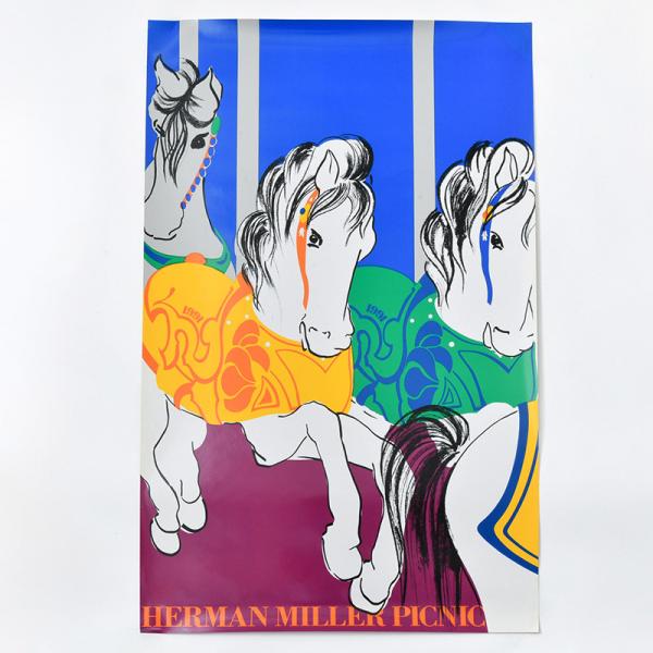 商品名：ポスター Herman Miller 1991 ピクニック /Kathy Stanton　Carousel　馬サイズ：約 縦 96.7 cm × 横 61.1 cm※長期保管品のため、傷、スレ、シミ、シワ、変色、汚れ、破れなどがある...