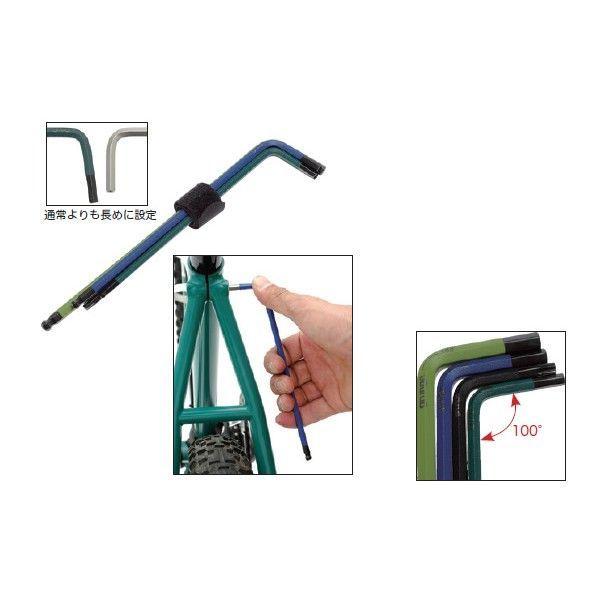 ●4・5・6mm・T-25トルクス■通常のヘックスレンチ角度90°を専用の曲げ型を作り100°に設定。自転車パーツ各所でスムーズにまわす事が可能になり、短い方のアームは通常よりも少し長く設定し、より使いやすい。サイズは自転車での作業では、よ...