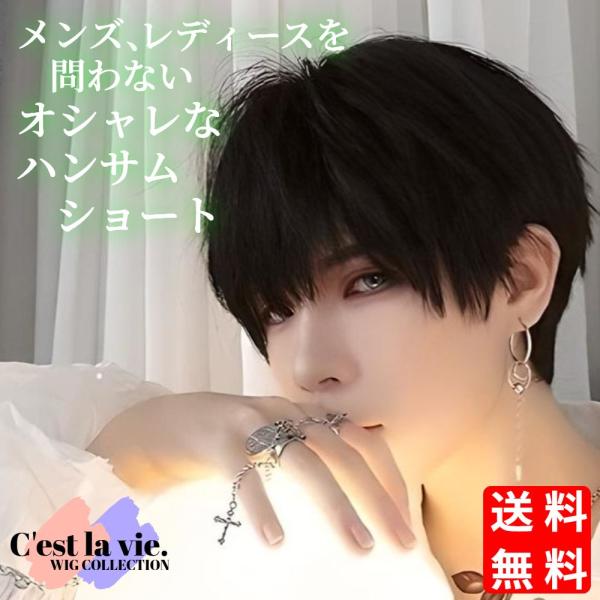 【ハンサムショート】丸みを付けた自然な仕上がりのハンサムショート♪黒髪とマッチしたボーイッシュなイメージで、パッと被るだけでイケメンに変身できる男女兼用のデザインです。※ショートのウィッグはモデル撮影時にセットやアレンジを加えております。【...