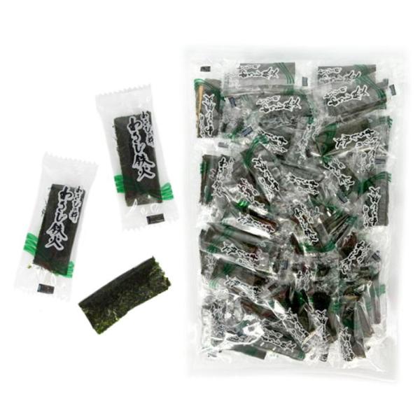 激辛わさび味のあられを香ばしい海苔で巻きました。注)辛いのが苦手な方はご遠慮ください。