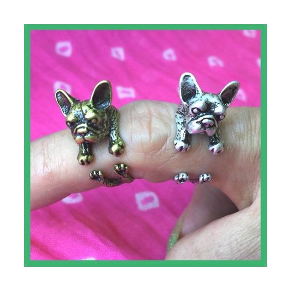 【アニマルWanリング】フレンチブルドック★ワン子大好きさんにはたまらなく可愛い指輪です。【カラー】　ゴールド ・ シルバー【サイズ】 　　　　　　レディースフリーサイズ（約7号〜16号）　　　　　　ご自分のサイズに調節が可能です。　　　　...