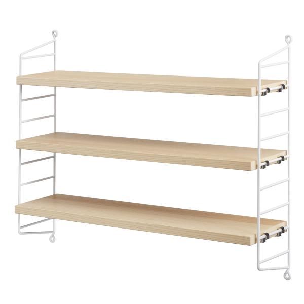 String Pocketは高さ50cmの2枚のサイドパネルと幅58cm、奥行き15cmの3枚の棚がセットになった完成ユニットです。壁にネジ止めが必要な製品です（4箇所）